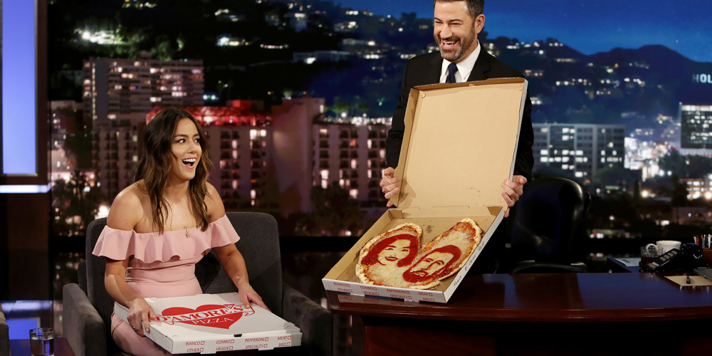 Chloe Bennet Surprised Jimmy Kimmel With Custom Heart-Shaped Pizzas for ...