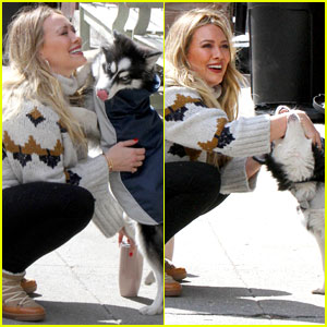 Hilary Duff Greets a Puppy on Set, Gets a Playful Bite on the Wrist ...