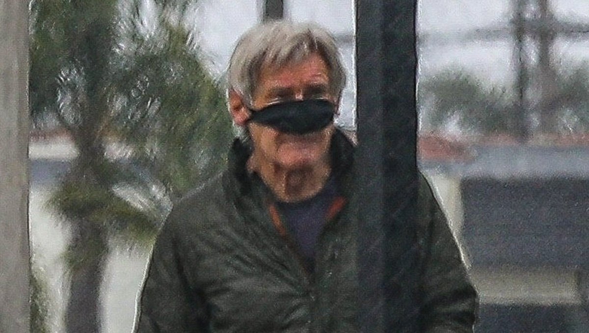 Harrison Ford Pulls Up His Face Mask to Drink His Coffee | Harrison ...