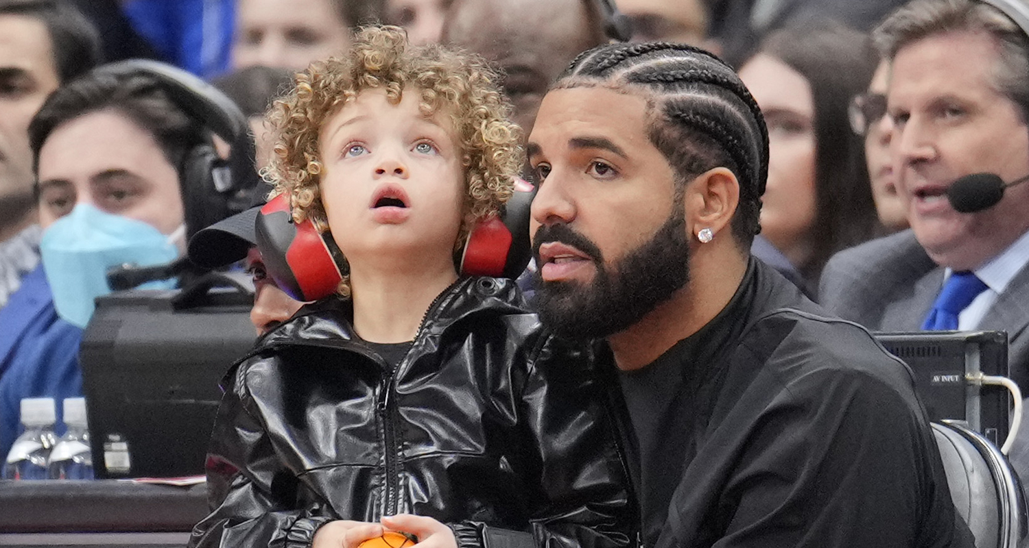 Drake Sits Courtside with Son Adonis at Raptors vs. 76ers Basketball ...