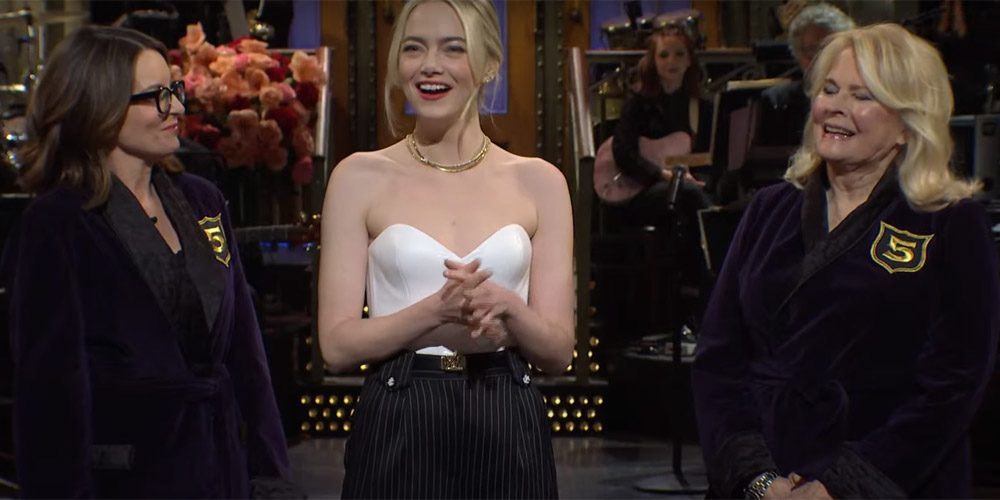 Emma Stone’s ‘SNL’ Opening Monologue: Tina Fey & Candice Bergen Welcome ...